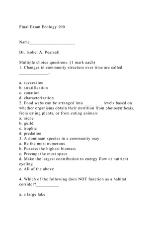 Final Exam Ecology 100Name____________________Dr. Isobel A.docx