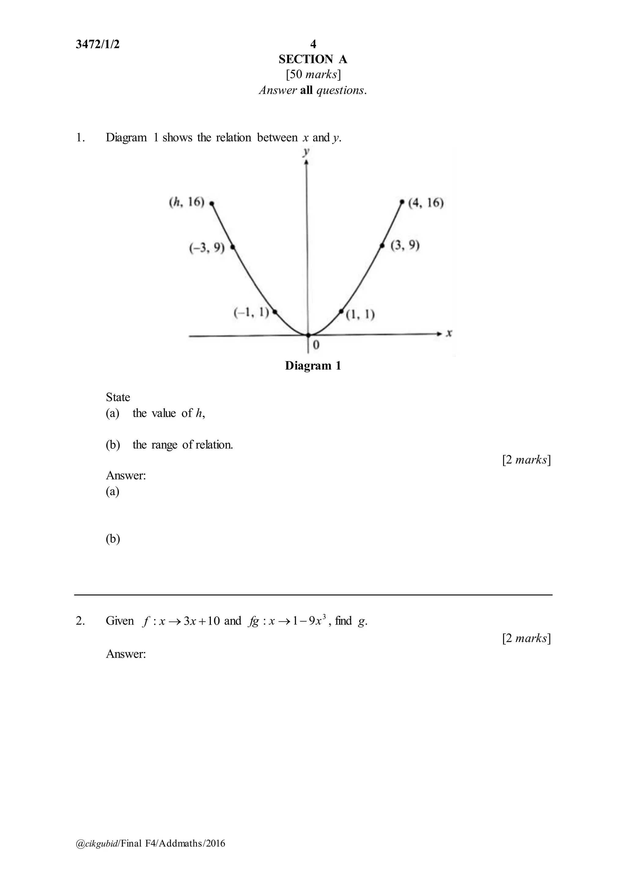 Peperiksaan akhir tahun addmaths form 4 2016 | DOCX