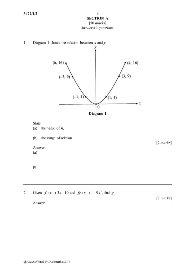 Peperiksaan akhir tahun addmaths form 4 2016 | PDF
