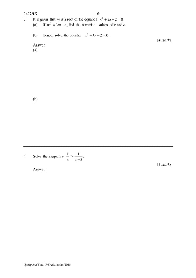 Peperiksaan akhir tahun addmaths form 4 2016 | PDF