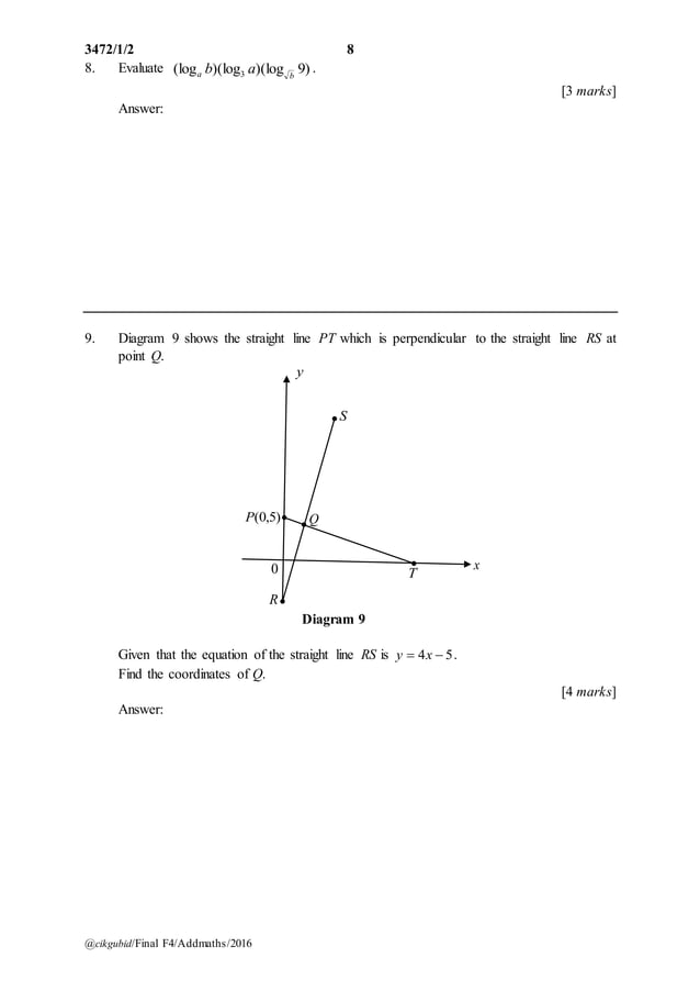 Peperiksaan akhir tahun addmaths form 4 2016 | PDF