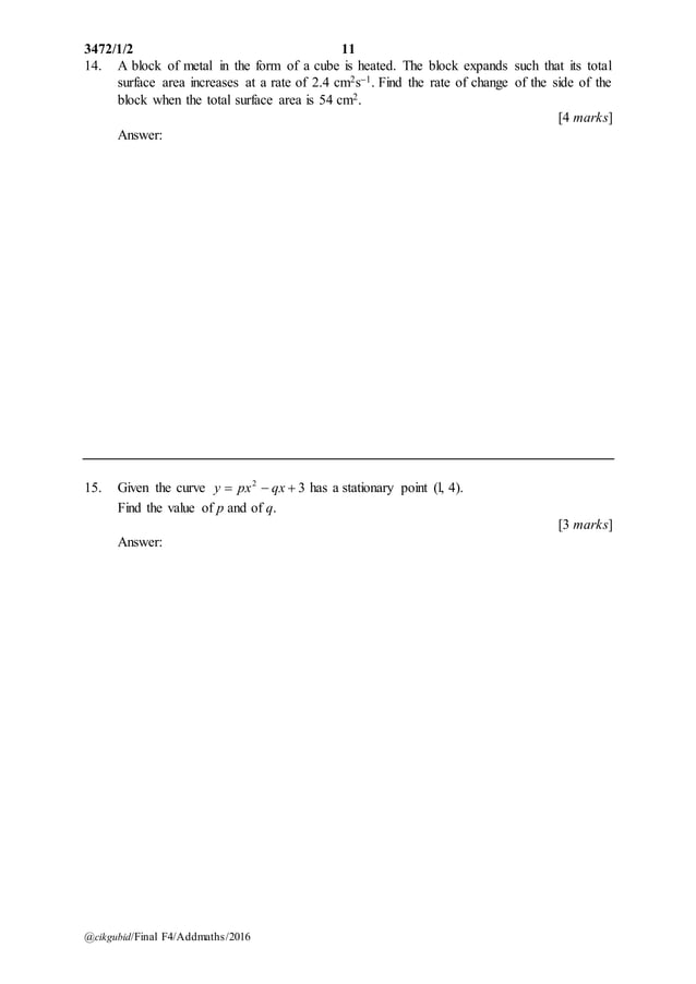 Peperiksaan akhir tahun addmaths form 4 2016 | PDF