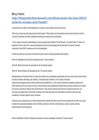 FINAL EXAM FOR BIOL 302 BACTERIA, VIRUSES, AND HEALTH | PDF
