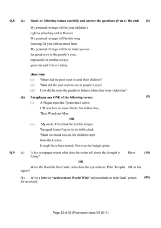 Final examination 2011 class vii | PDF