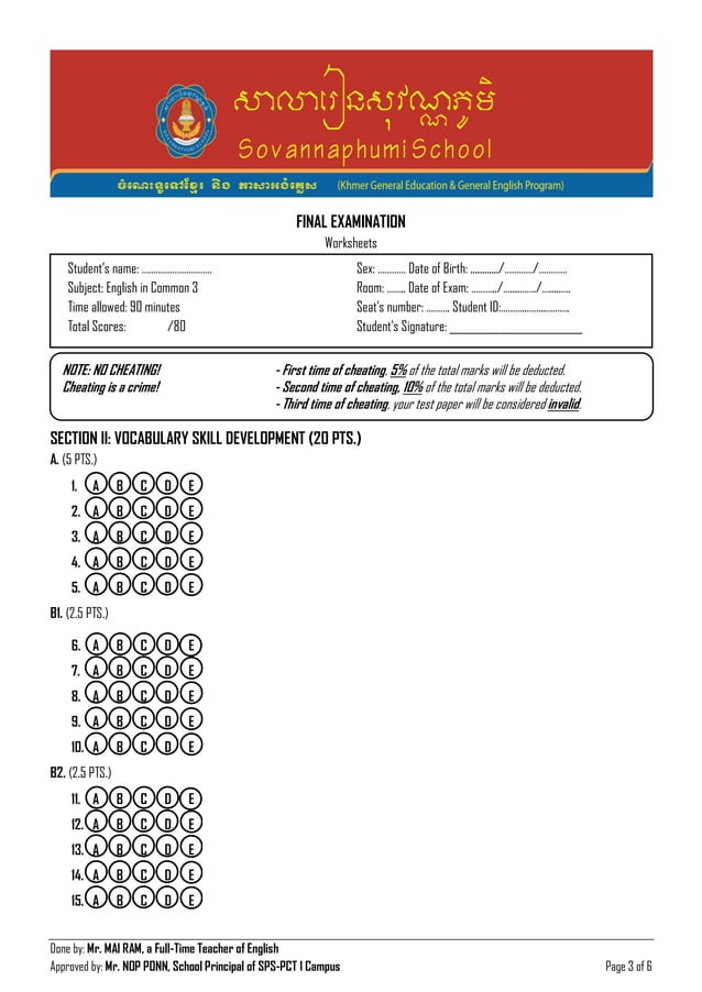 Final examination b of tops answer sheets | PDF