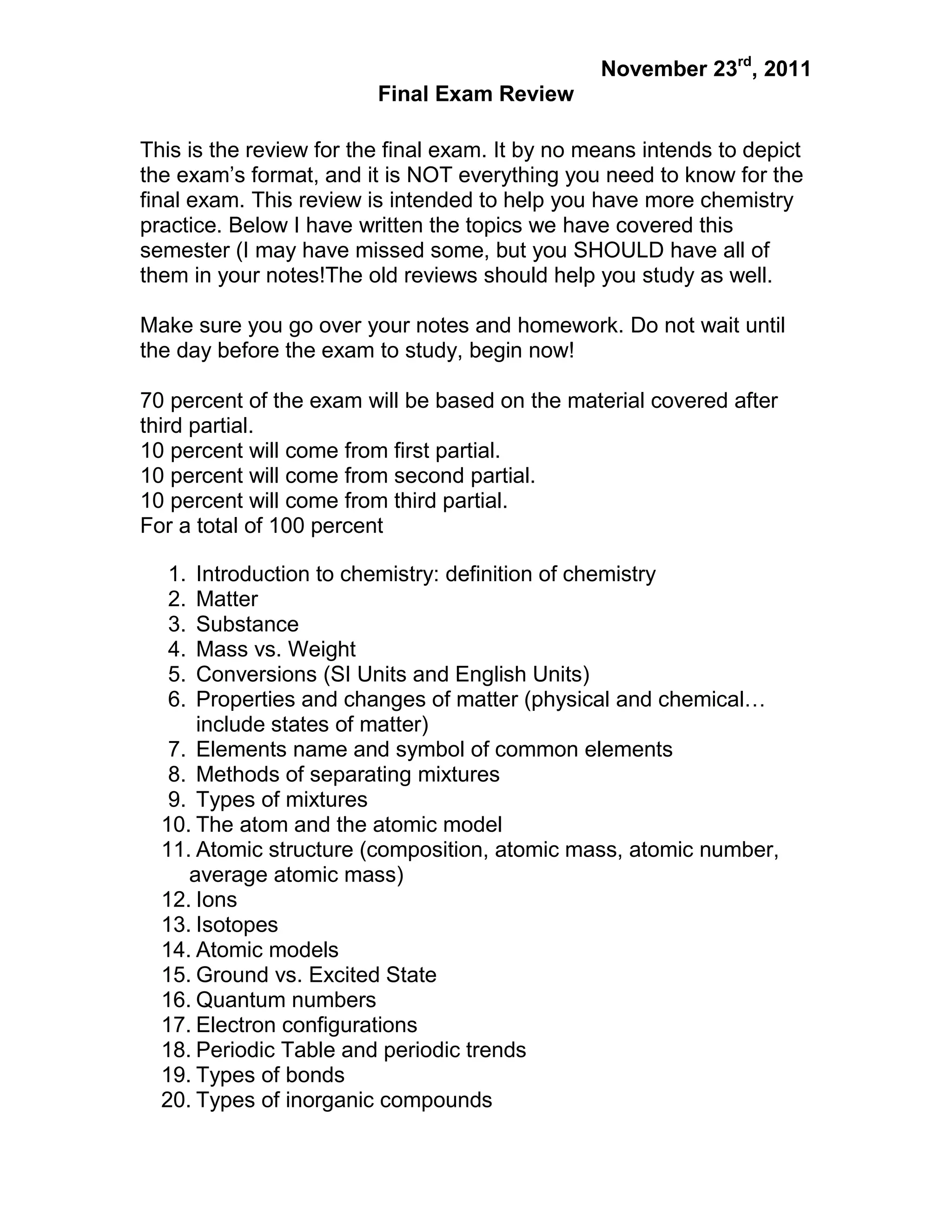 Final exam review | DOCX | Chemistry | Science