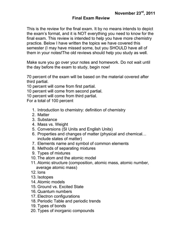 Final exam review | DOCX | Chemistry | Science
