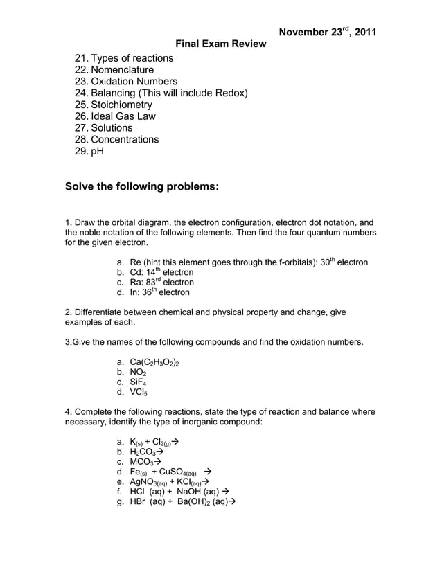 Final exam review | DOCX | Chemistry | Science