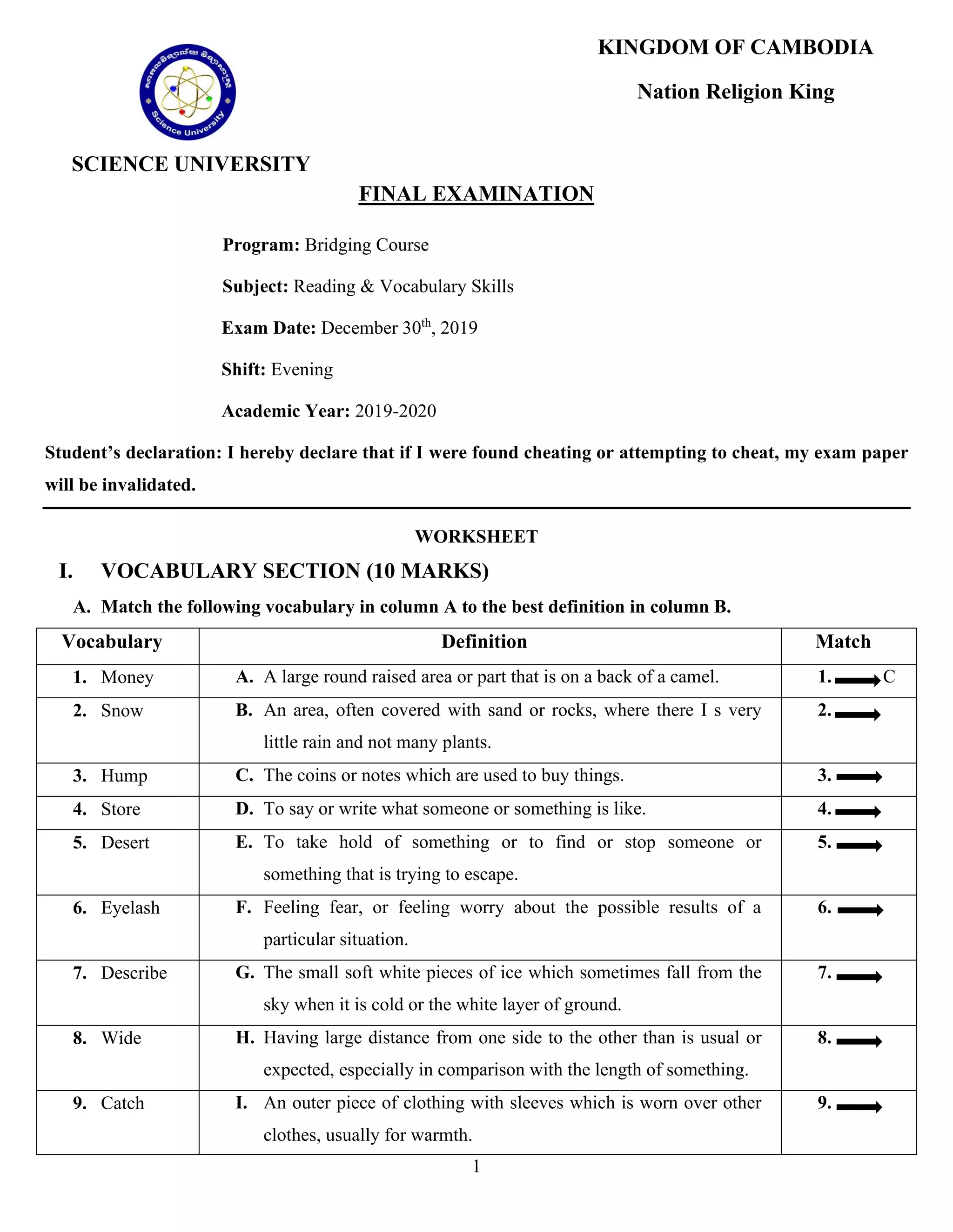 Final Exam __Vocabulary and Reading (Bridging Course) | PDF