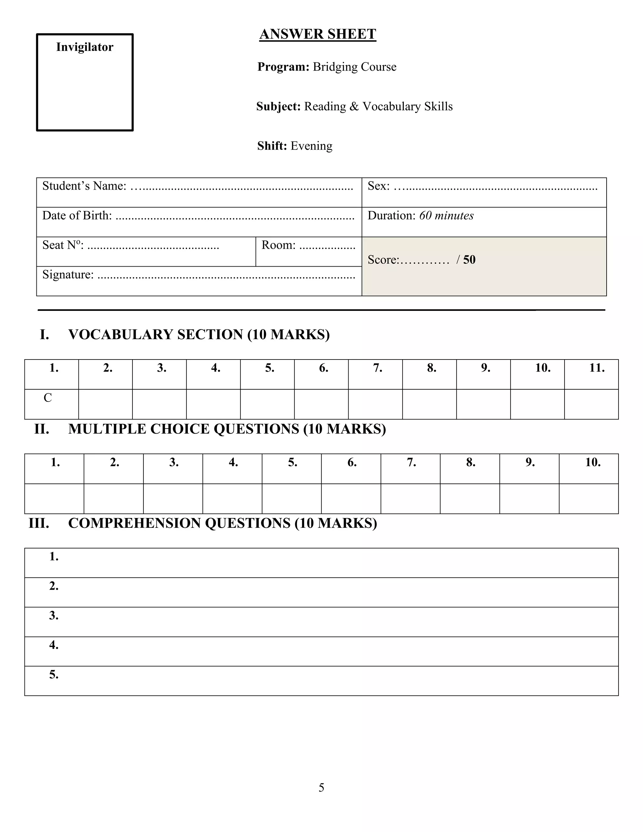 Final Exam __Vocabulary and Reading (Bridging Course) | PDF