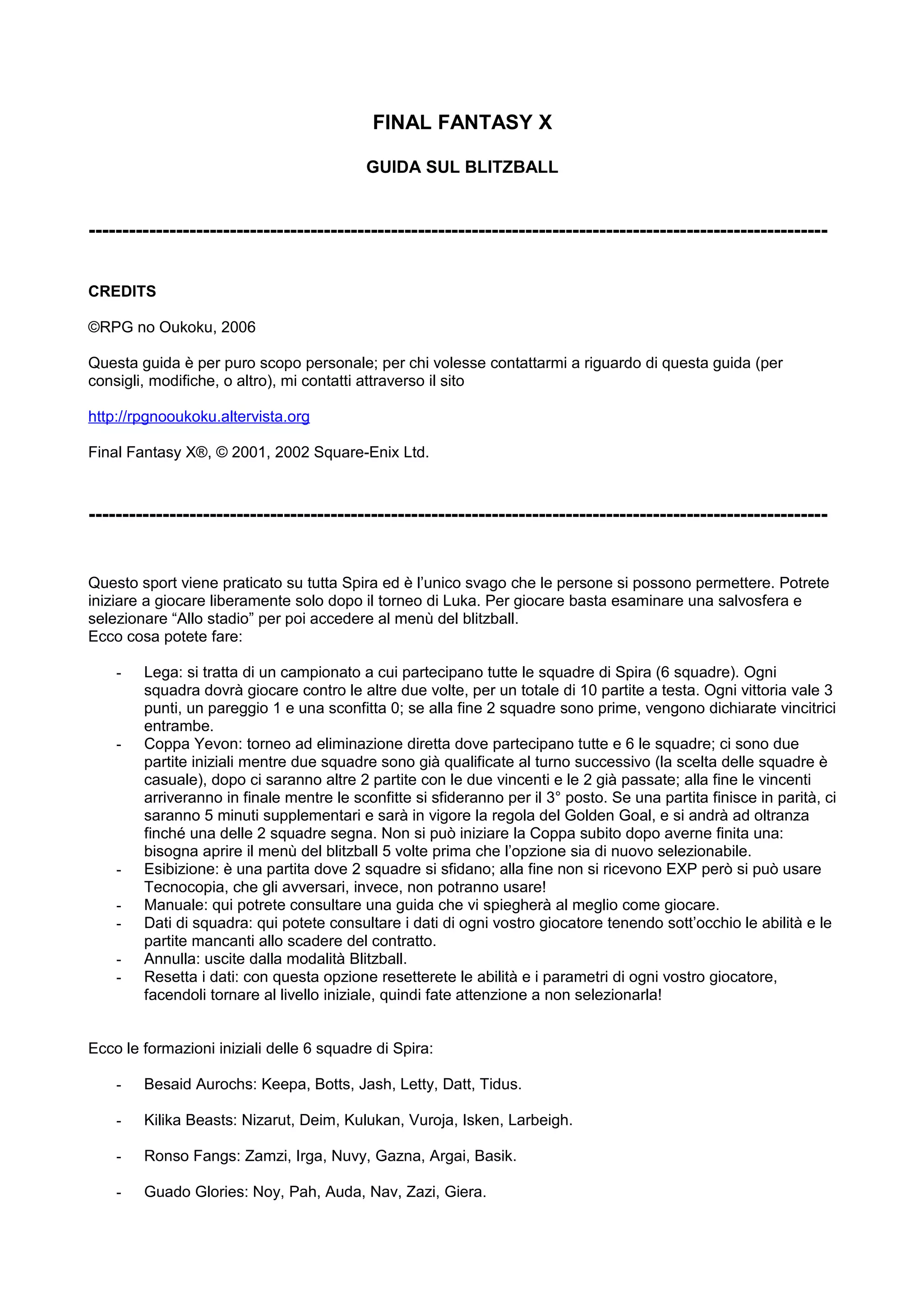 Final Fantasy X - Blitzball | PDF