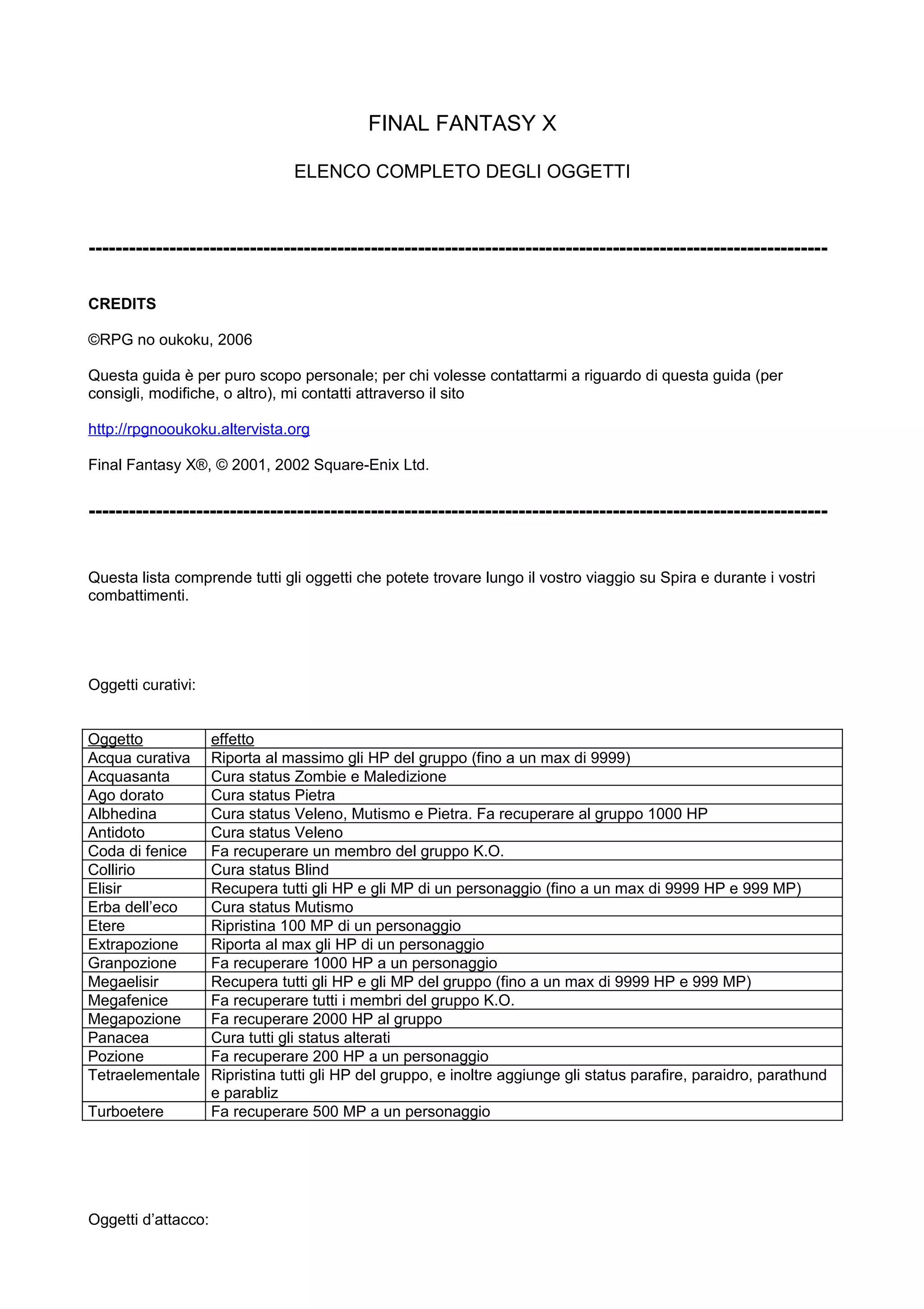 Final Fantasy X - Lista oggetti | PDF