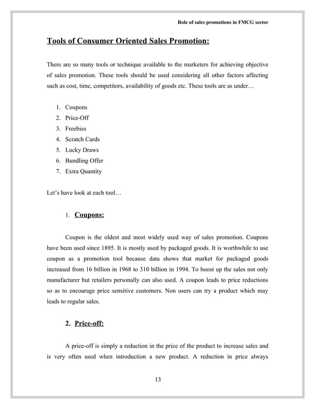 ROLE OF SALES PROMOTION ON FMCG | DOC