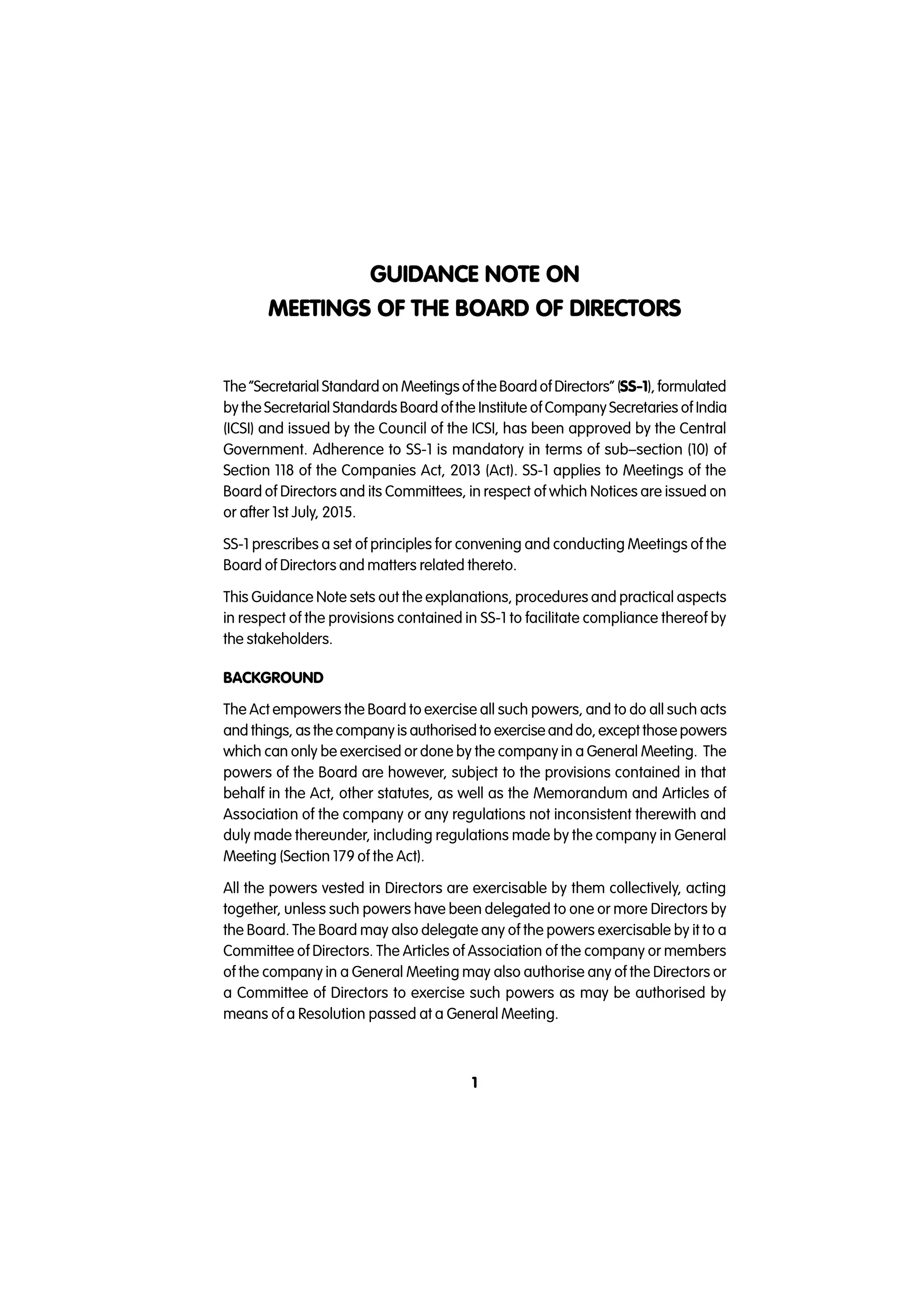 Final guidance note on meeting of the board of directors by ICSI | PDF