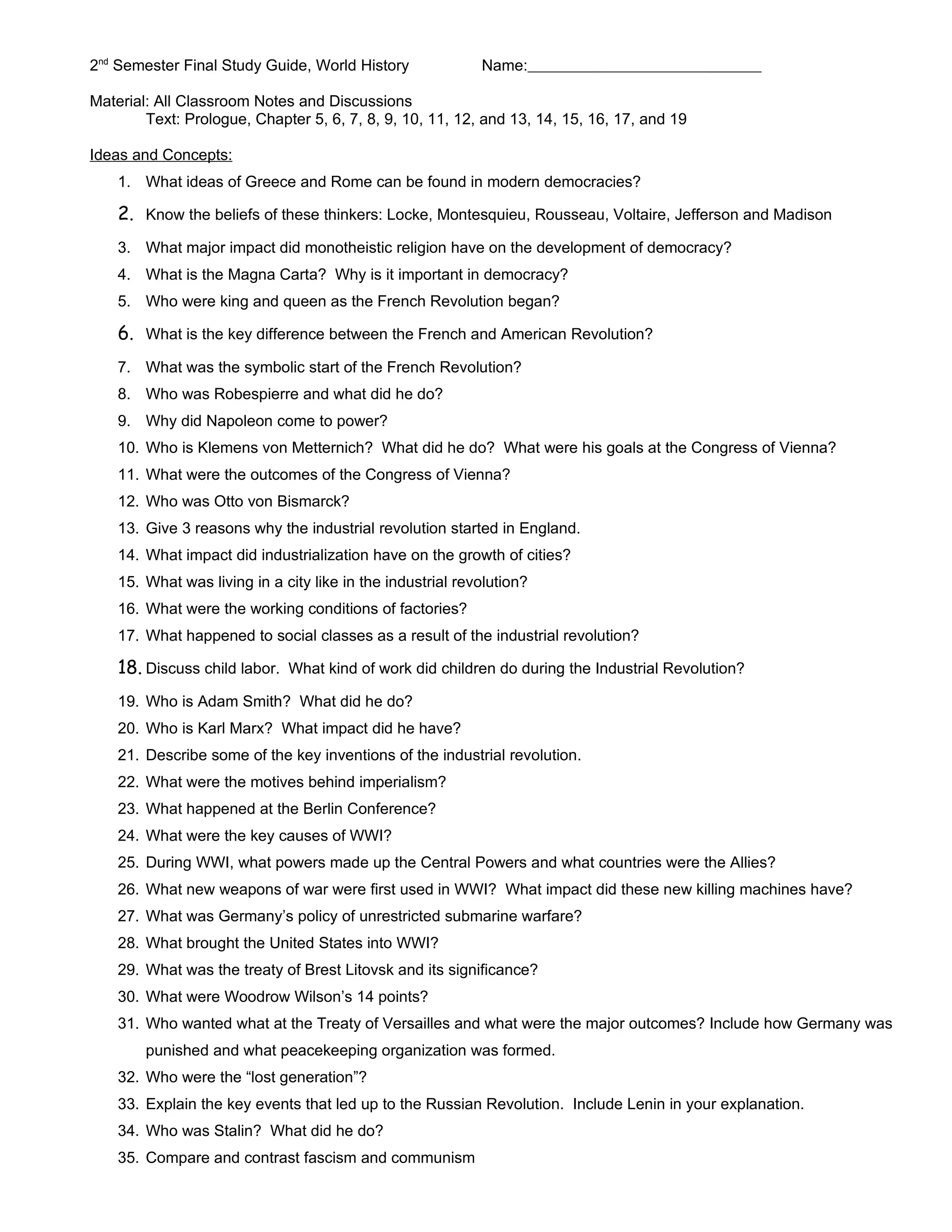 World History Final study guide 2nd semester | DOC