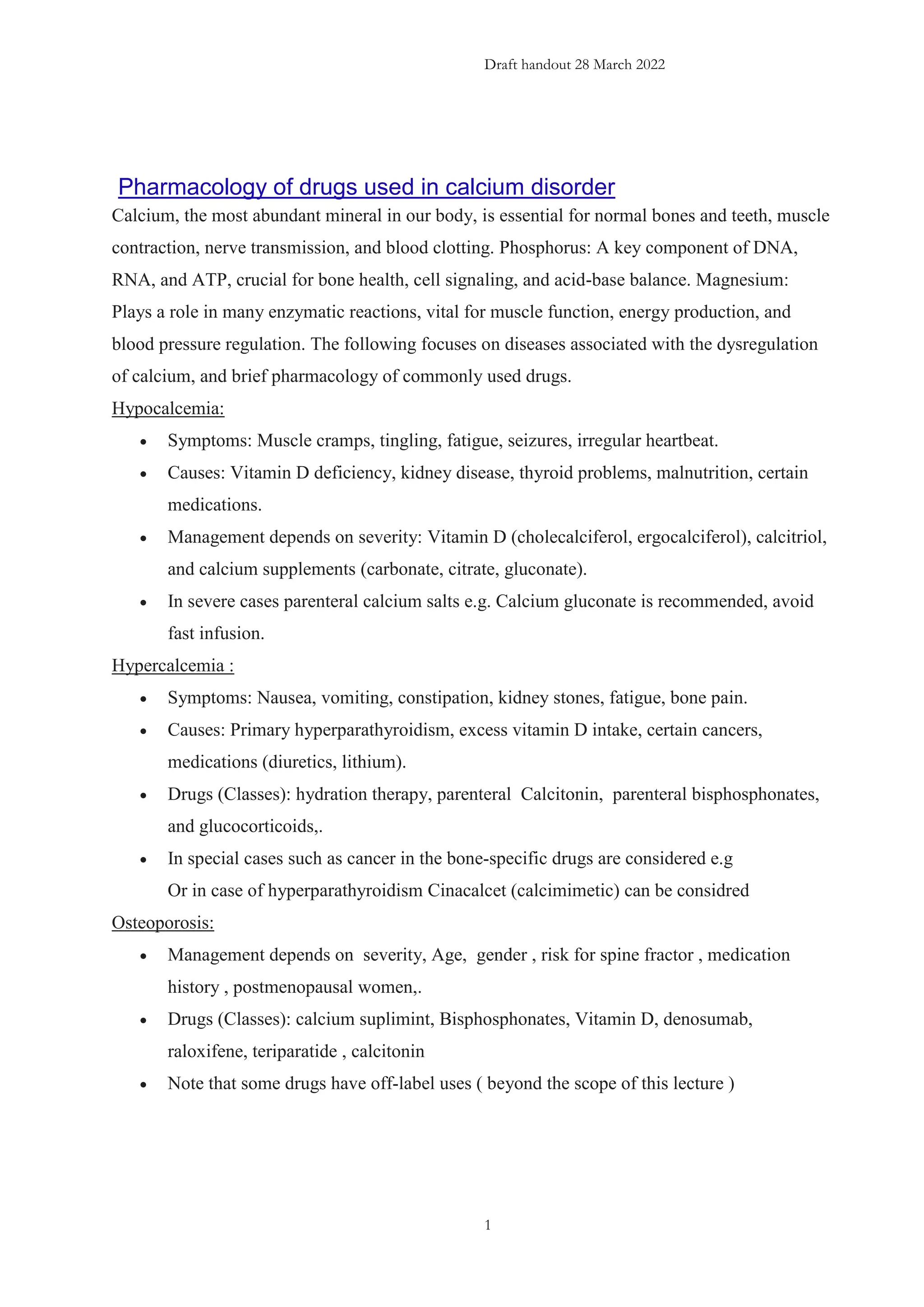 Final handout, pharmacology of drugs used for calcium disorders .docx