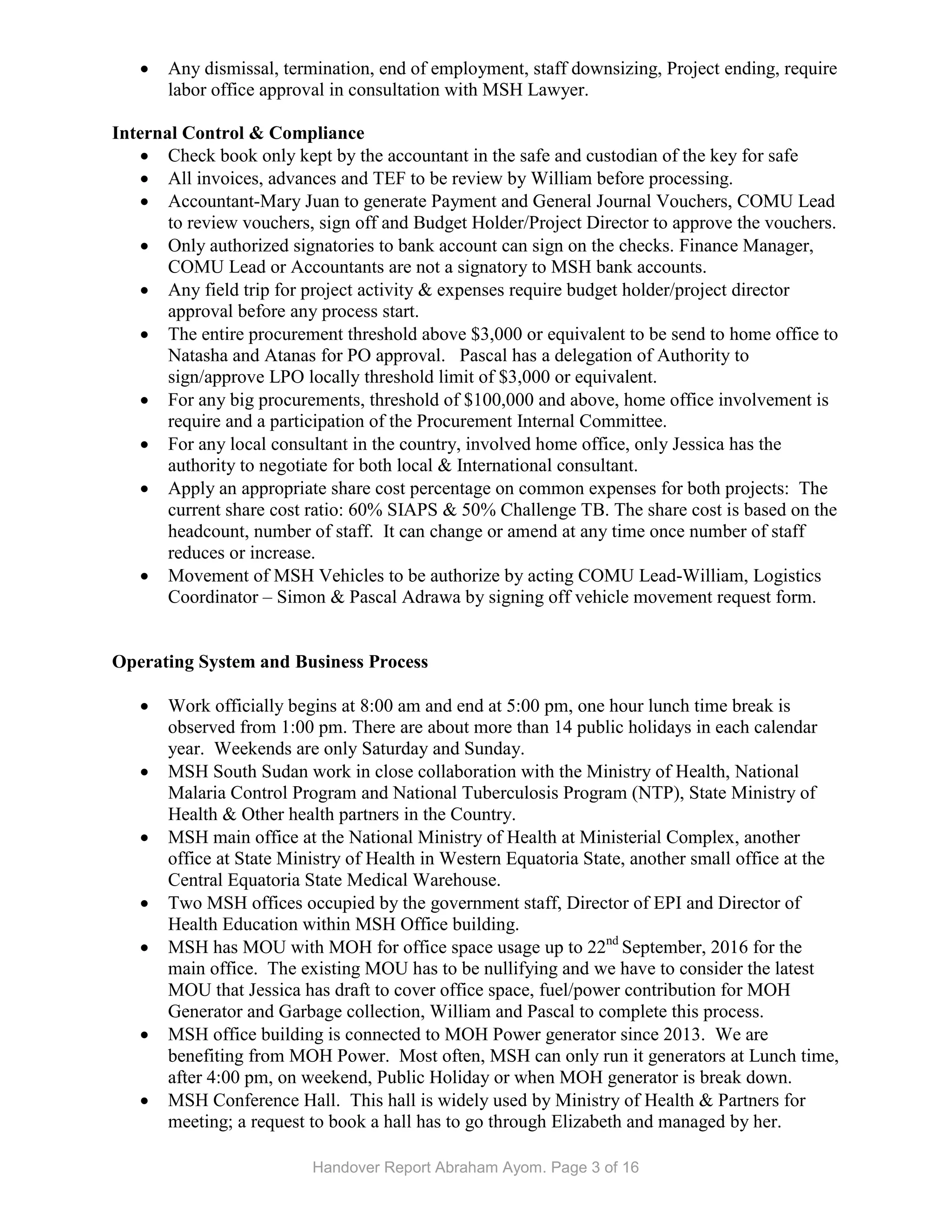 Handover report for Abraham Ayom, Outgoing Staff | PDF