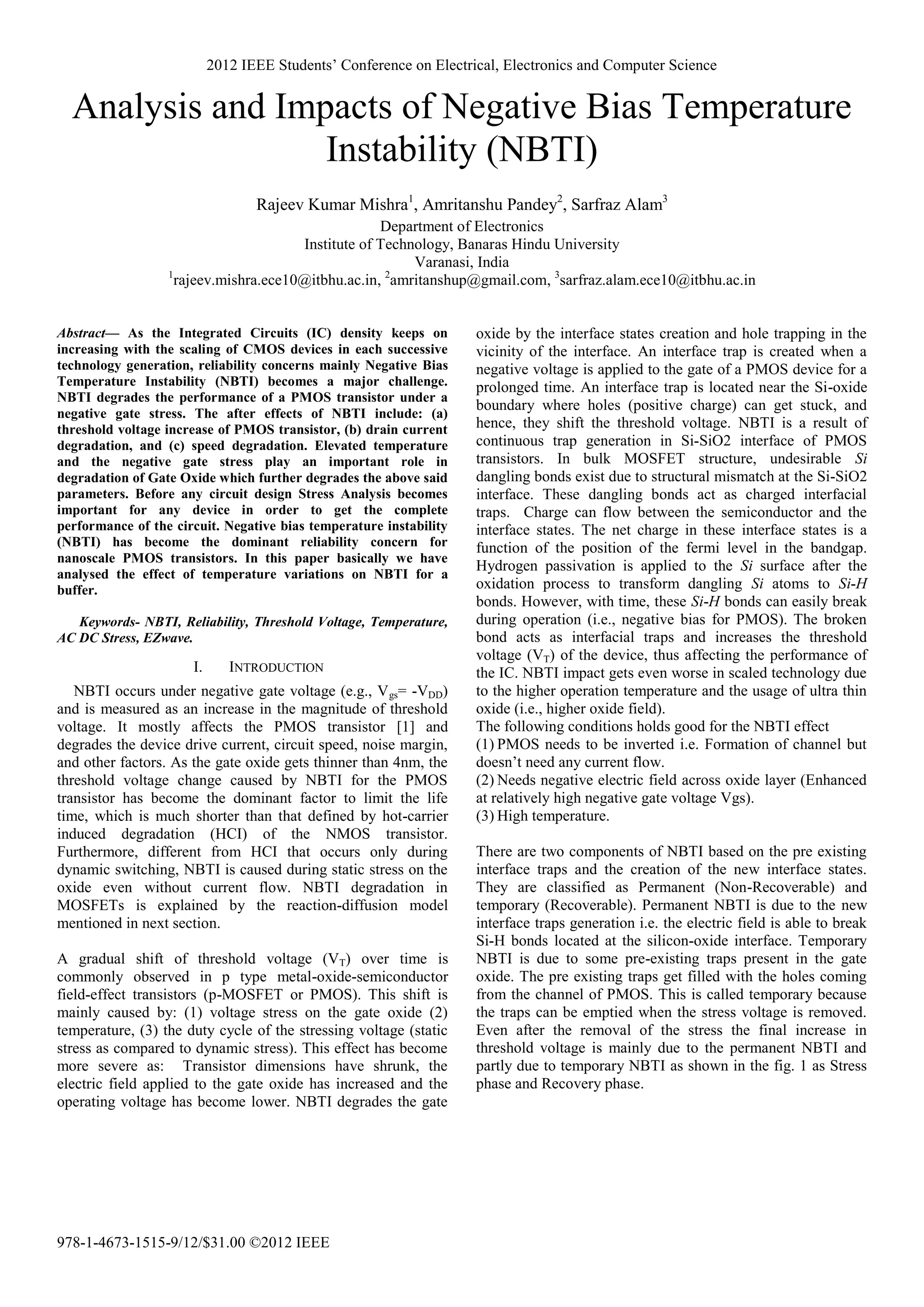 Analysis and Impacts of Negative Bias Temperature Instability | PDF