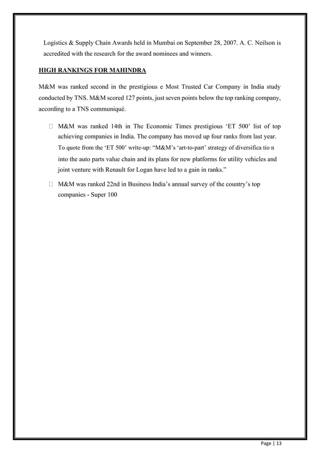 PROJECT REPORT ON MAHINDRA & MAHINDRA | PDF