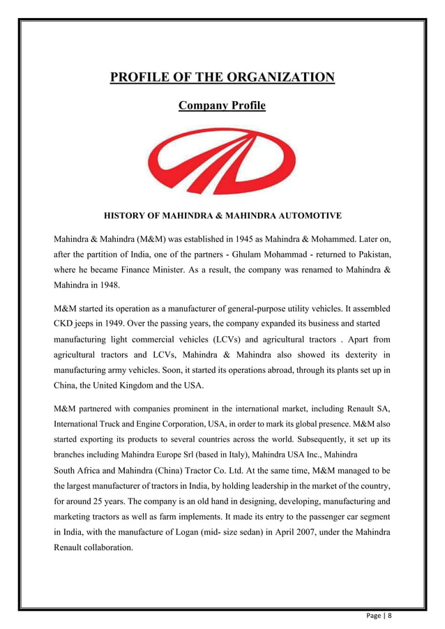 PROJECT REPORT ON MAHINDRA & MAHINDRA | PDF