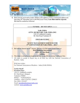 Invitation to Bid for Fifth Convention of NAR - INDIA | PDF