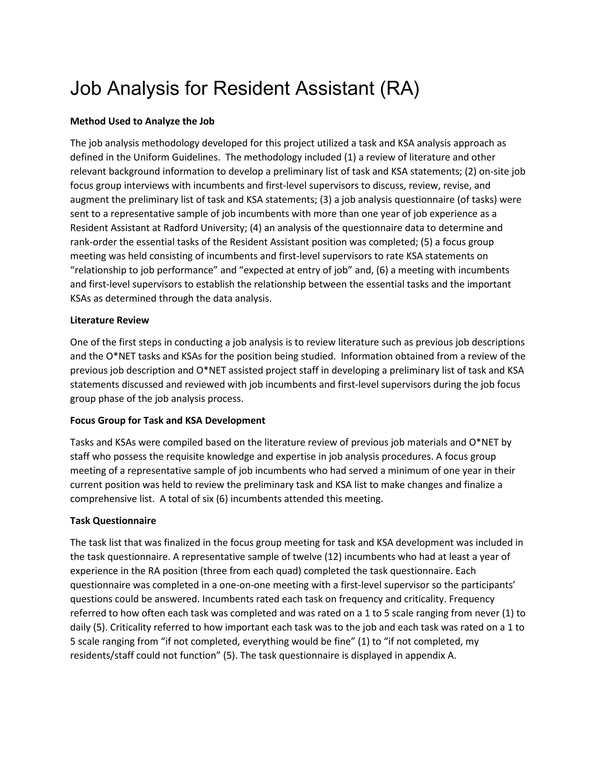 Job Analysis Report Resident Assistant | PDF