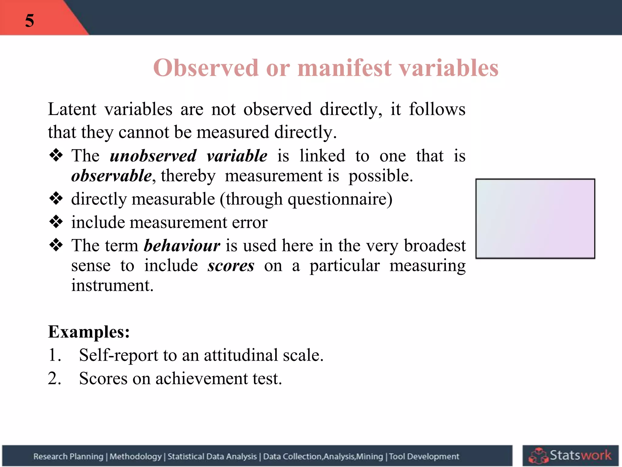 Lecture 2: Latent/Manifest/Observed Variables using in SEM Analysis (www.statswork.com) | PPTX ...