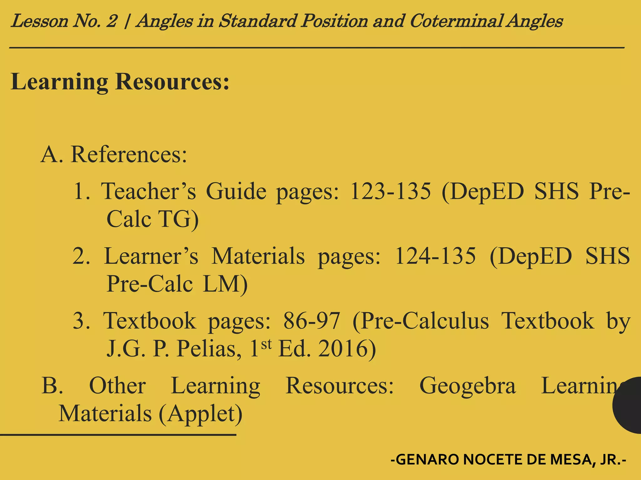 Lesson no. 2 (Angles in Standard Position and Coterminal Angles ) | PPTX