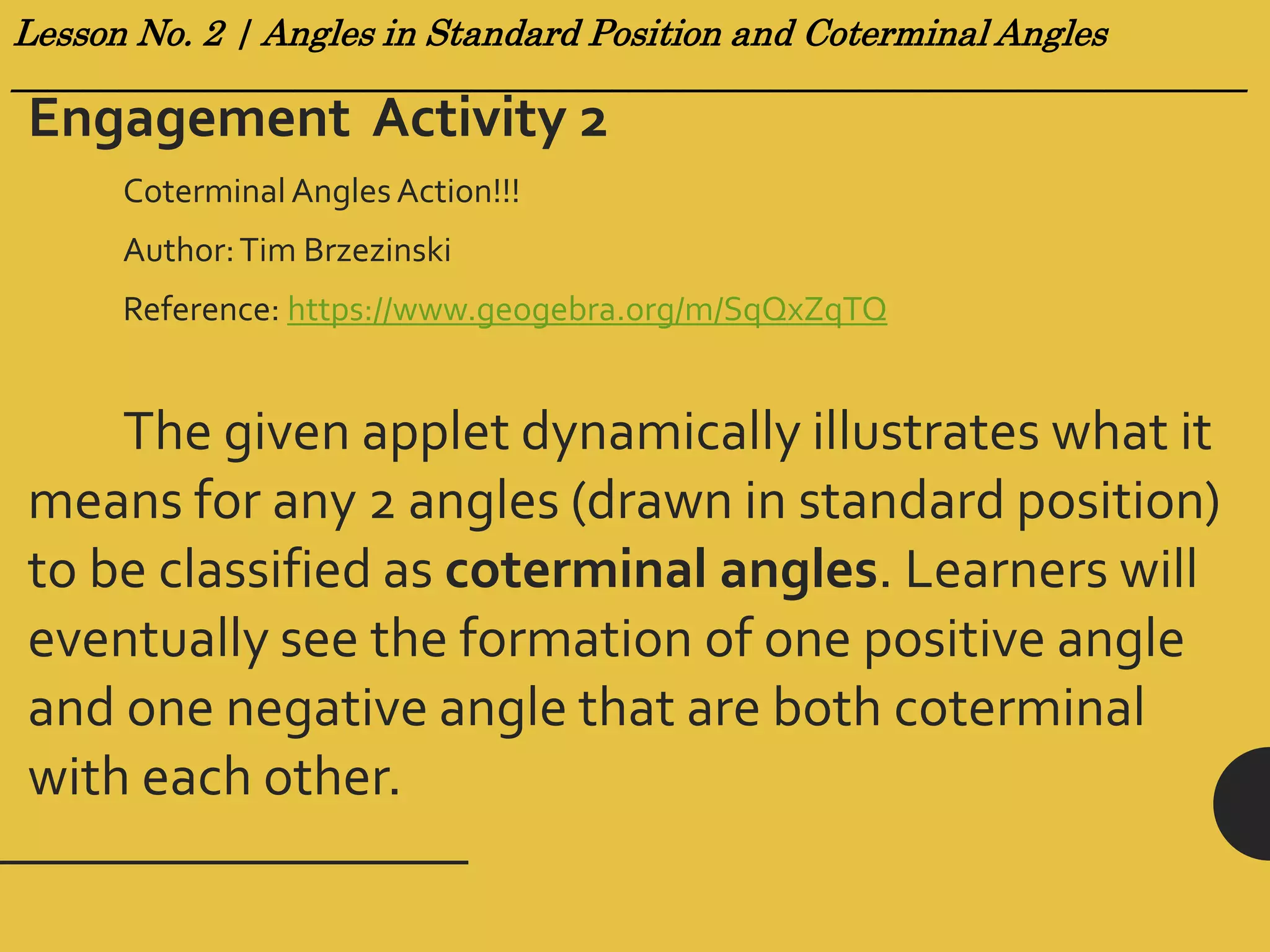 Lesson no. 2 (Angles in Standard Position and Coterminal Angles ) | PPTX