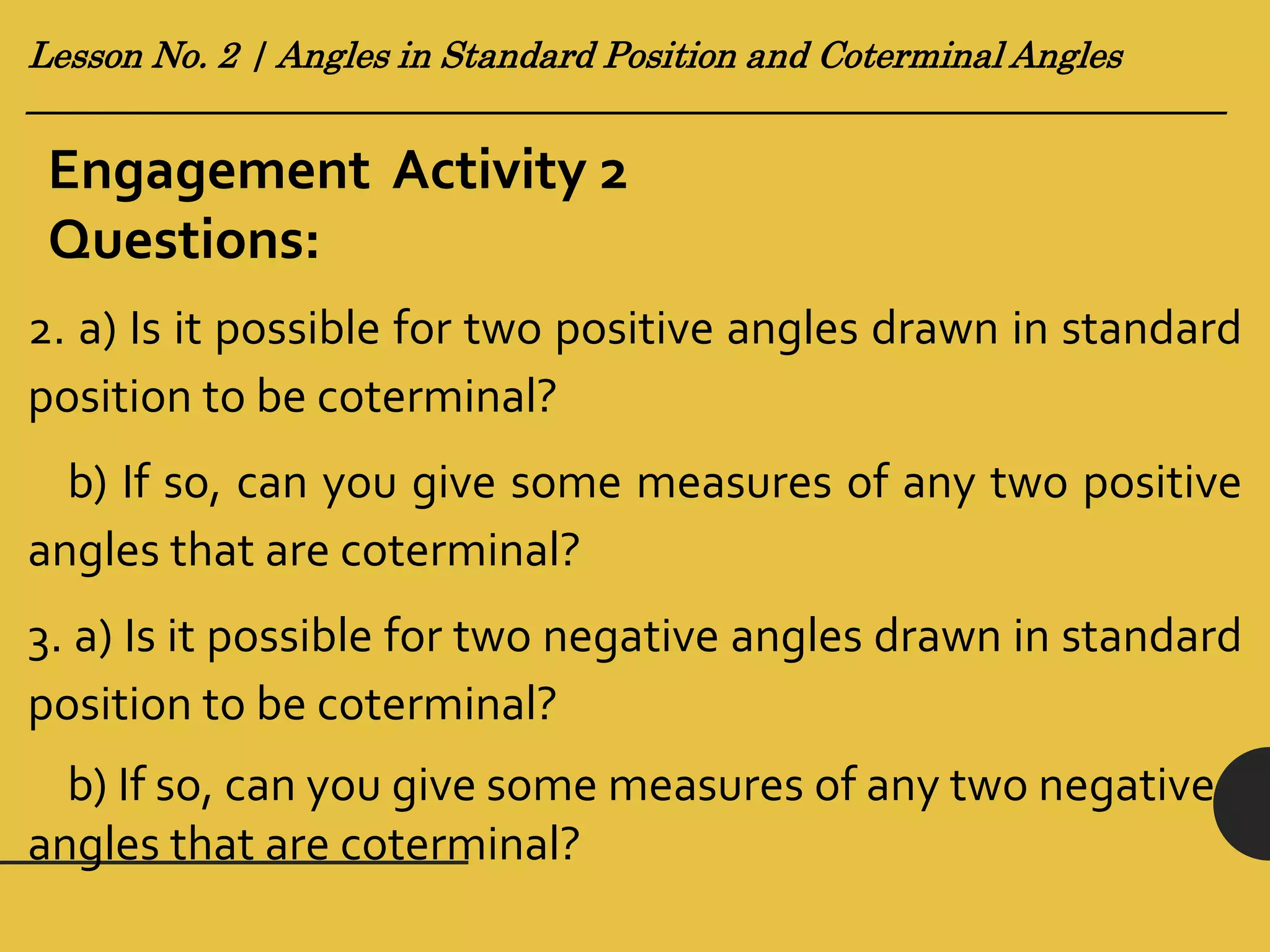 Lesson no. 2 (Angles in Standard Position and Coterminal Angles ) | PPTX