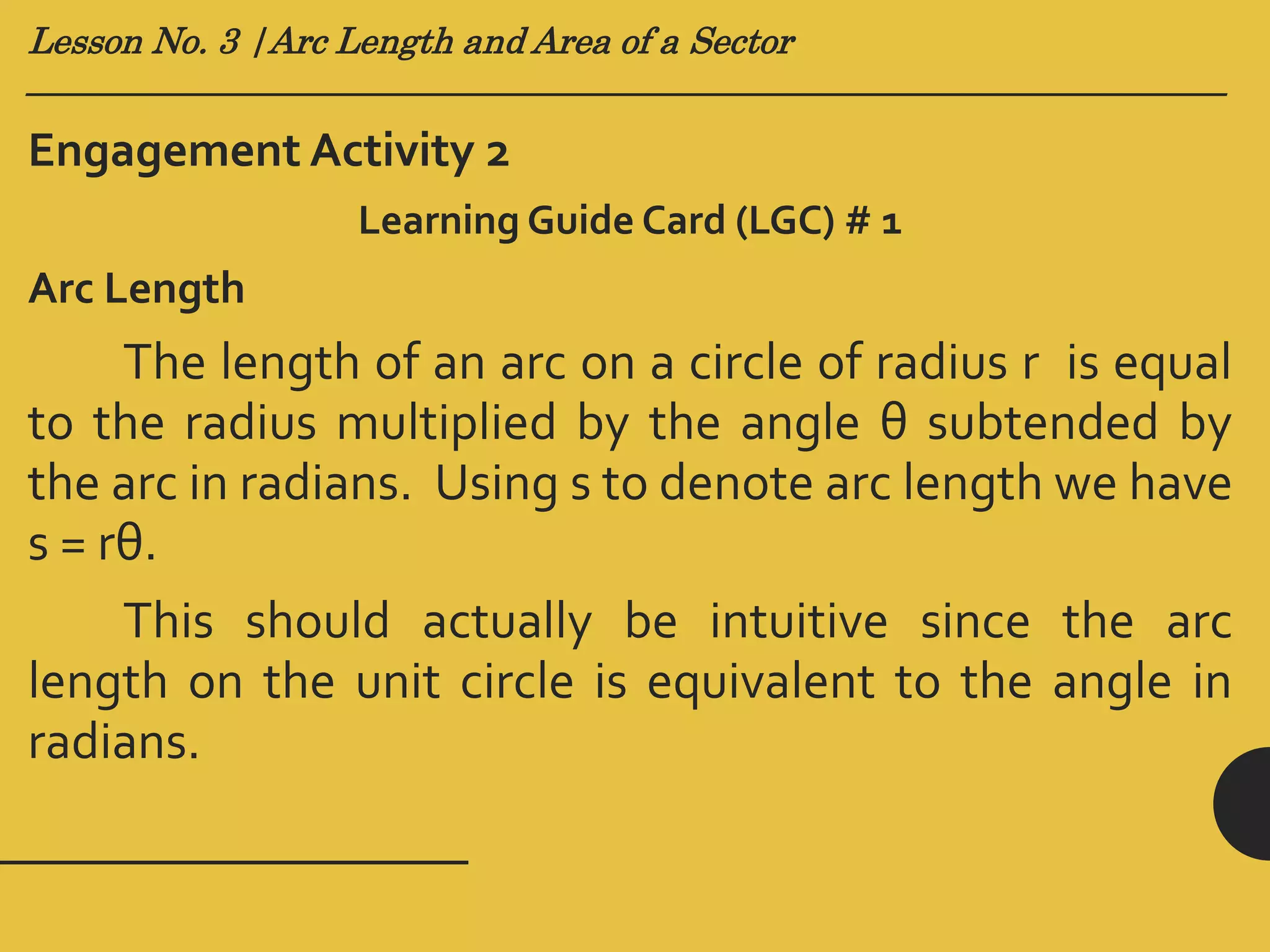 Lesson no. 3 (Arc Length and Area of a Sector | PPTX