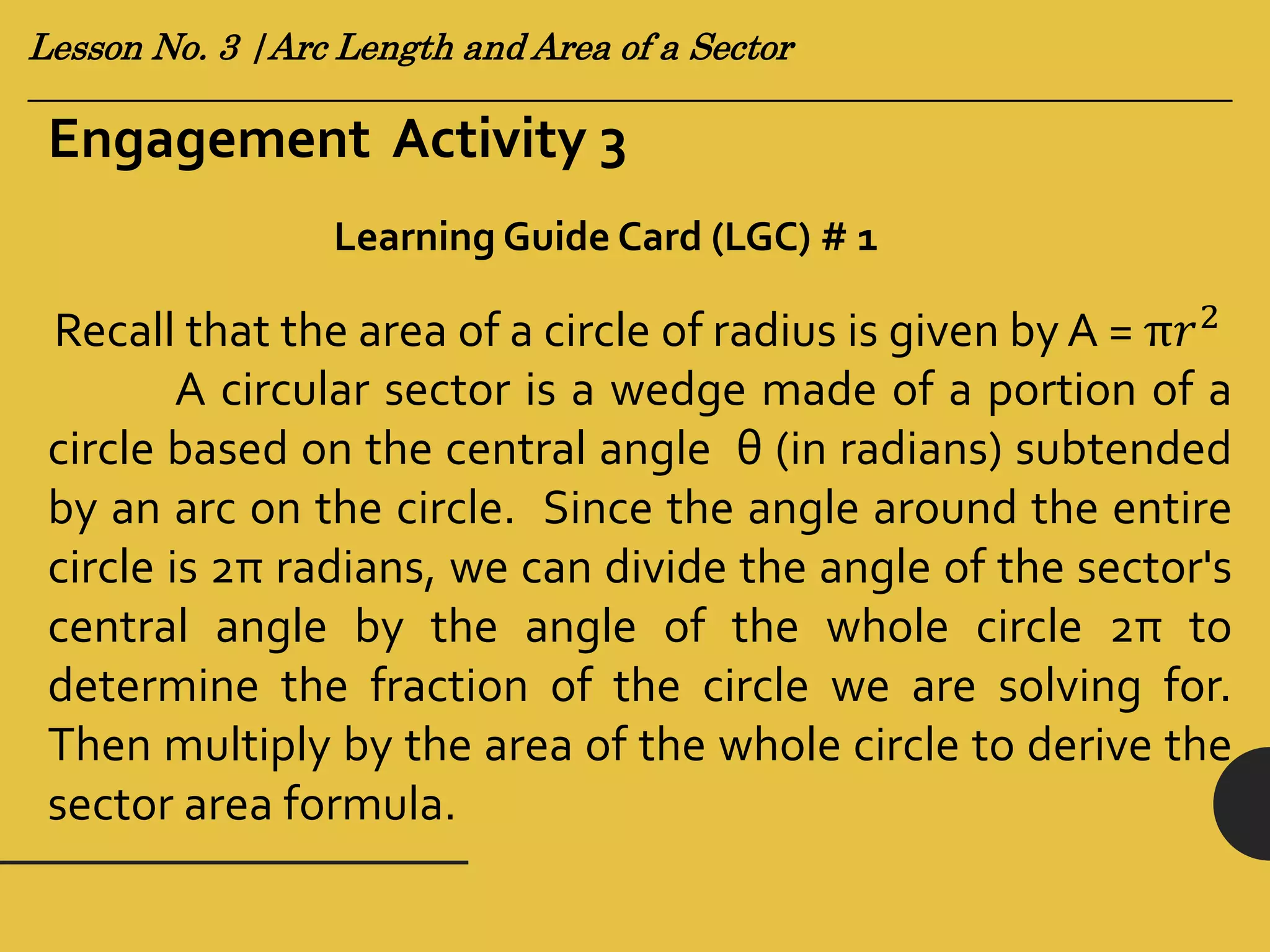 Lesson no. 3 (Arc Length and Area of a Sector | PPTX
