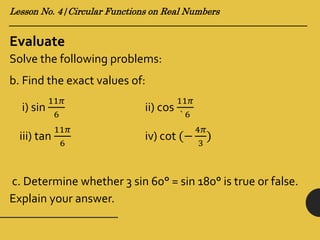 Lesson no. 4 (Circular functions on Real Numbers) | PPTX