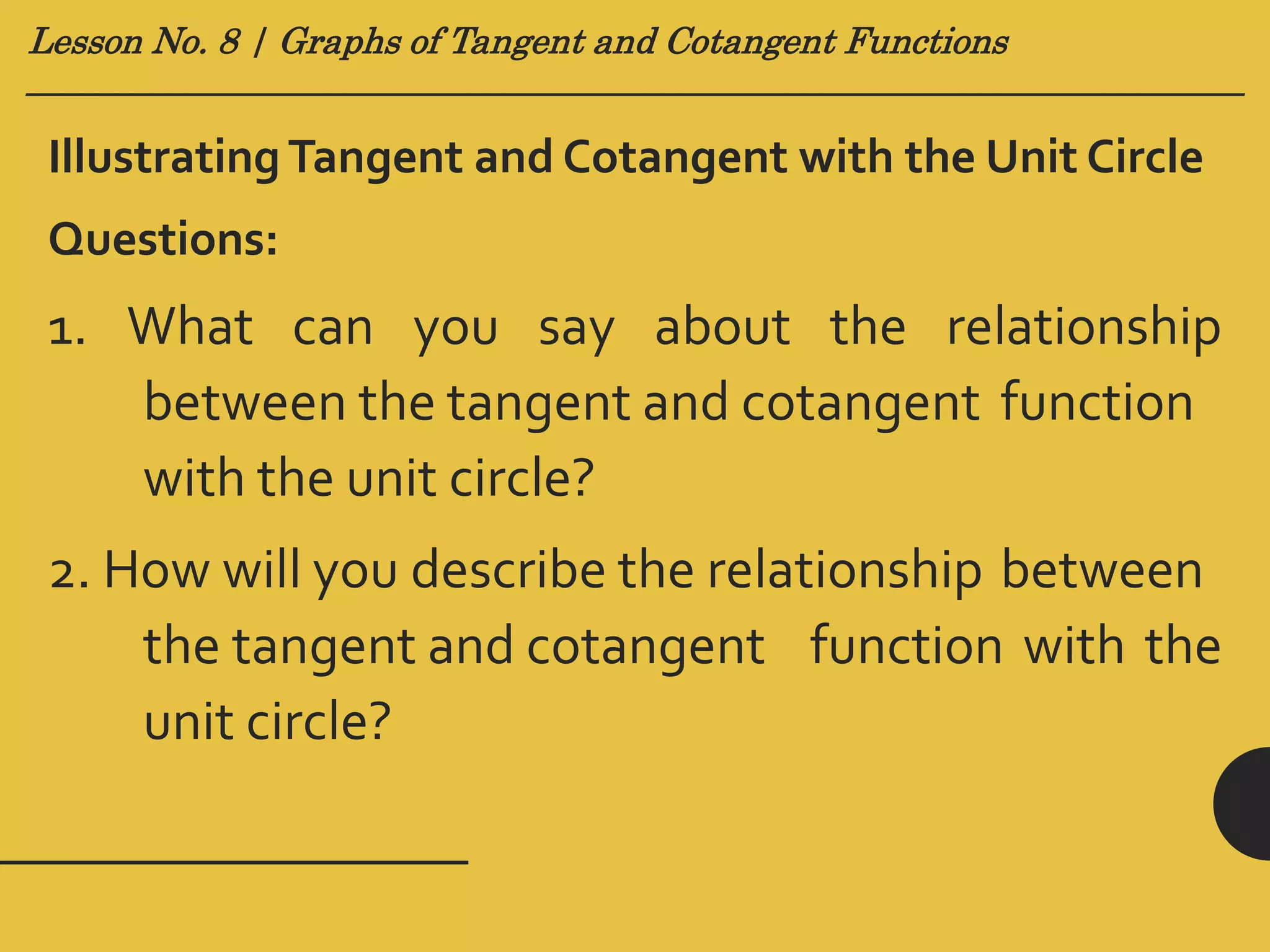 Lesson no. 8 (Graphs of Tangent and Cotangent Functions) | PPTX