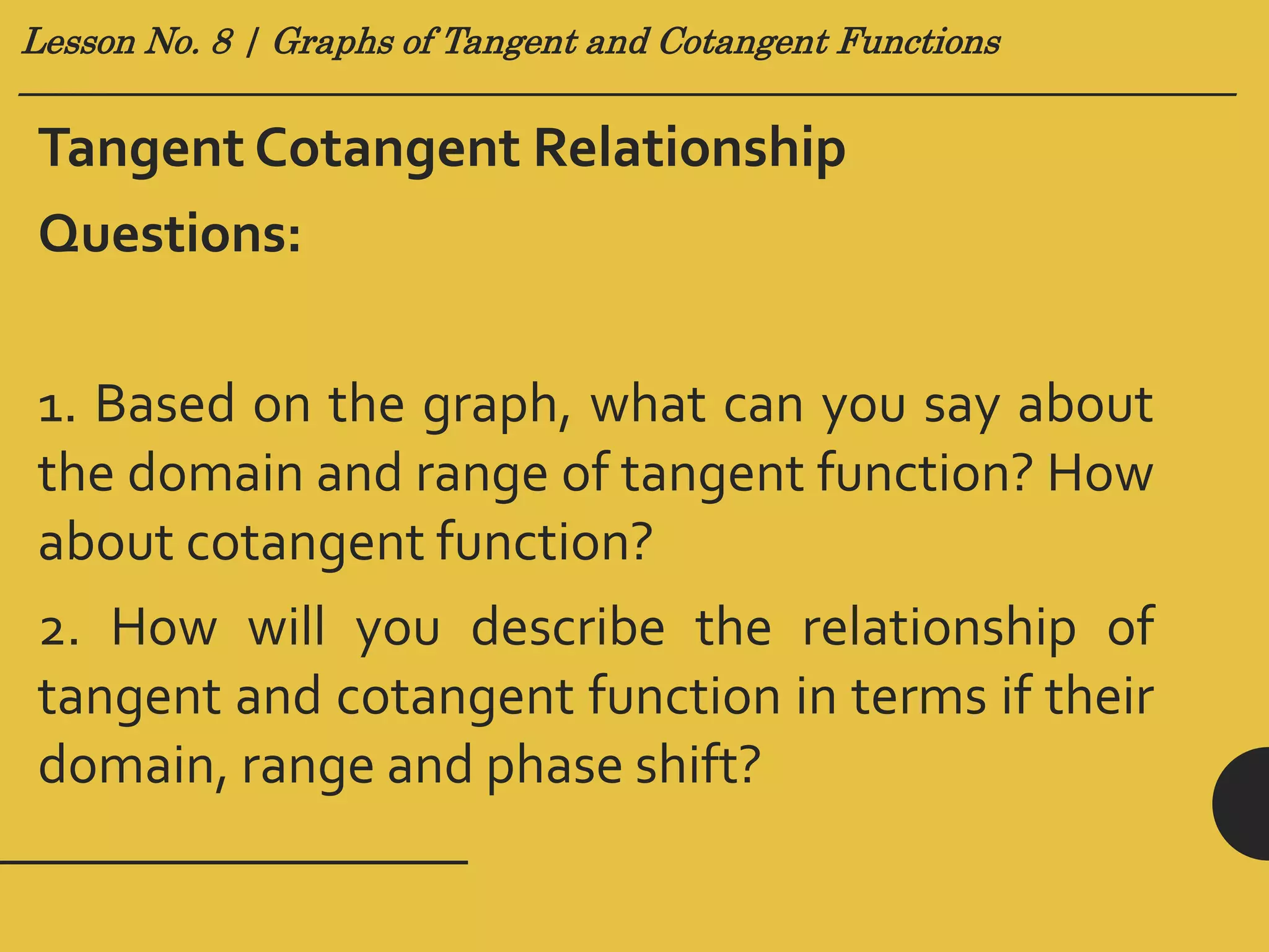 Lesson no. 8 (Graphs of Tangent and Cotangent Functions) | PPT Lesson no. 8 (Graphs of Tangent and Cotangent Functions) | PPT
