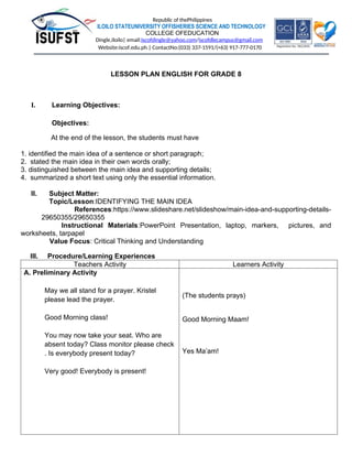 Comprehensive Grade 8 English Lesson Plan on Identifying the Main Idea ...