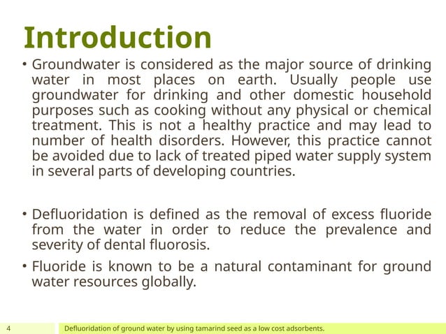 Defluoridation of ground water by using tarmind seed | PPT