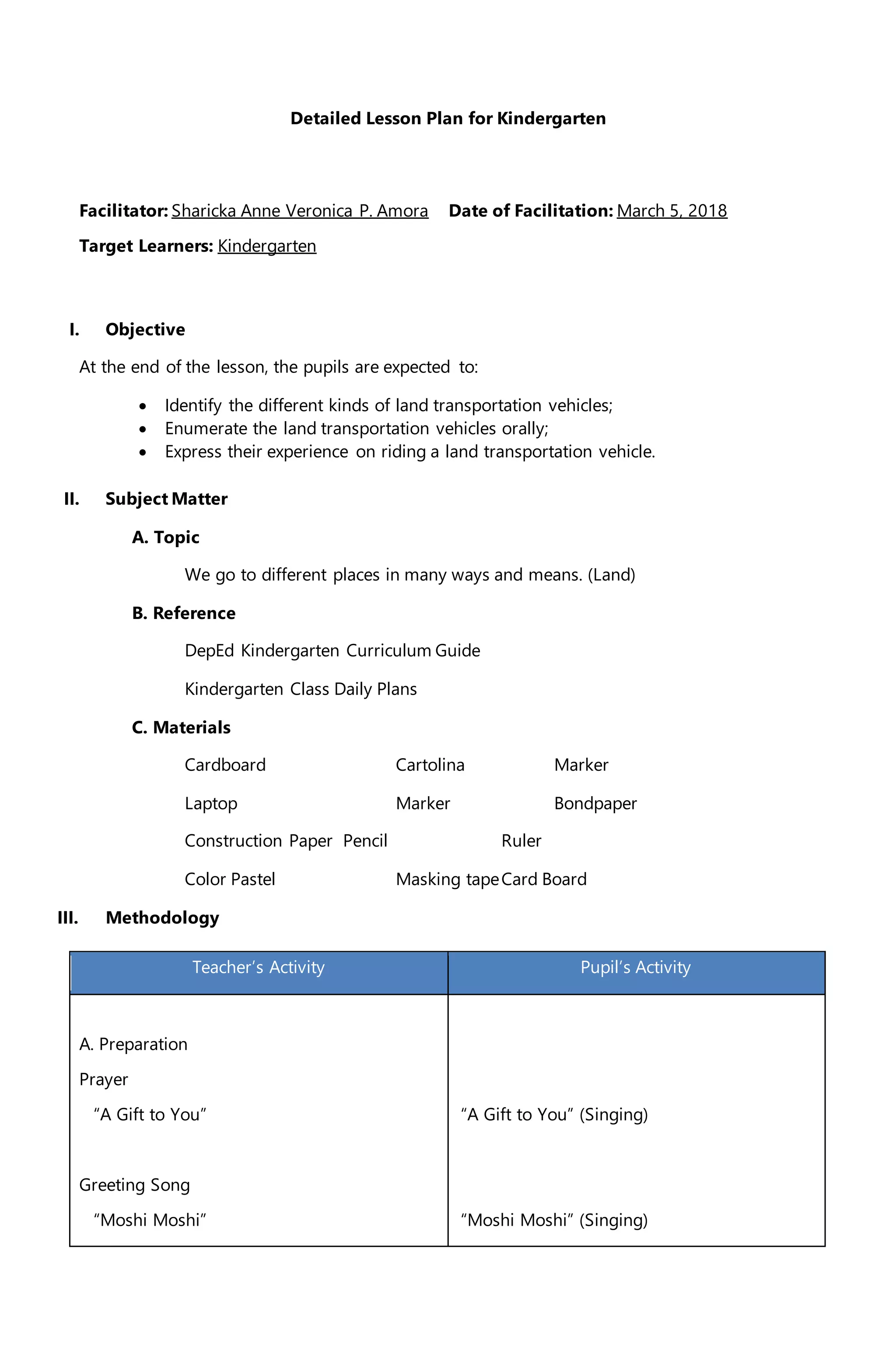 LAND TRANSPORTATION DETAILED LESSON PLAN | DOCX