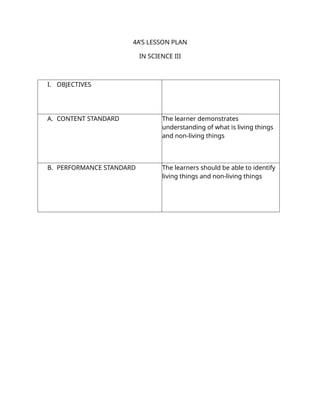 4A'S Lesson plan in Science 3 " Living things and Non-living things" | DOCX