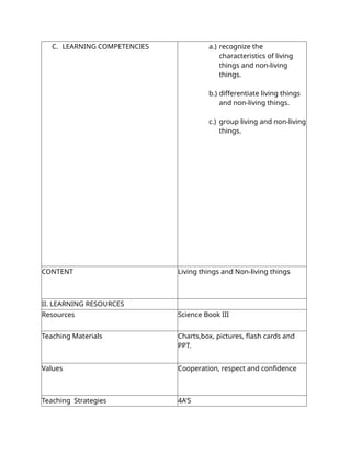 4A'S Lesson plan in Science 3 " Living things and Non-living things" | DOCX