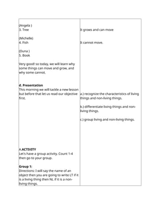 4A'S Lesson plan in Science 3 " Living things and Non-living things" | DOCX