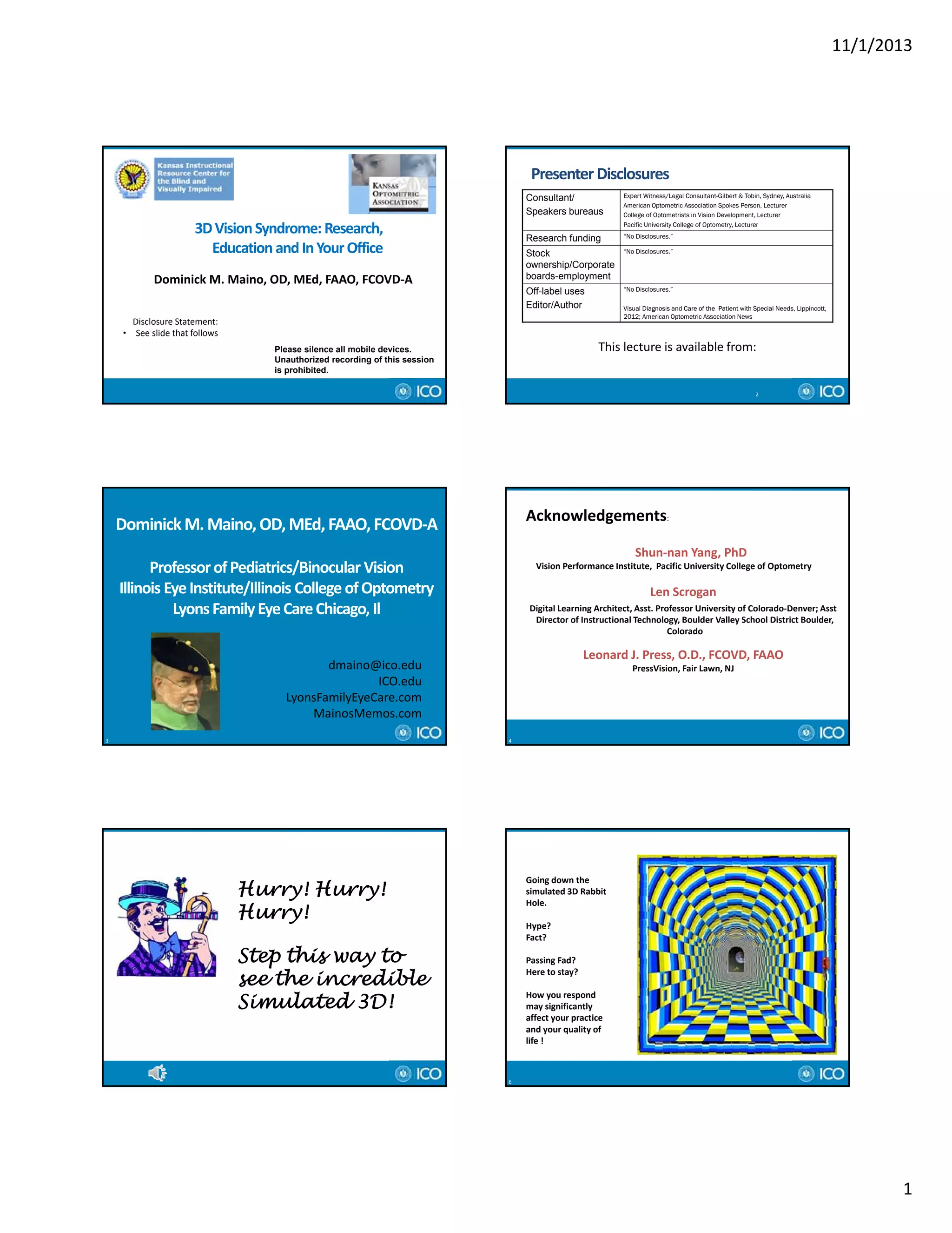 Children's Vision and Learning Conference:3D Vision Syndrome: Research ...