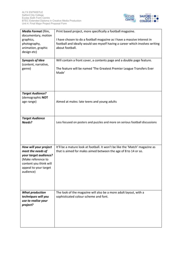 Final Major Project - Proposal Form | DOCX | Technology & Computing