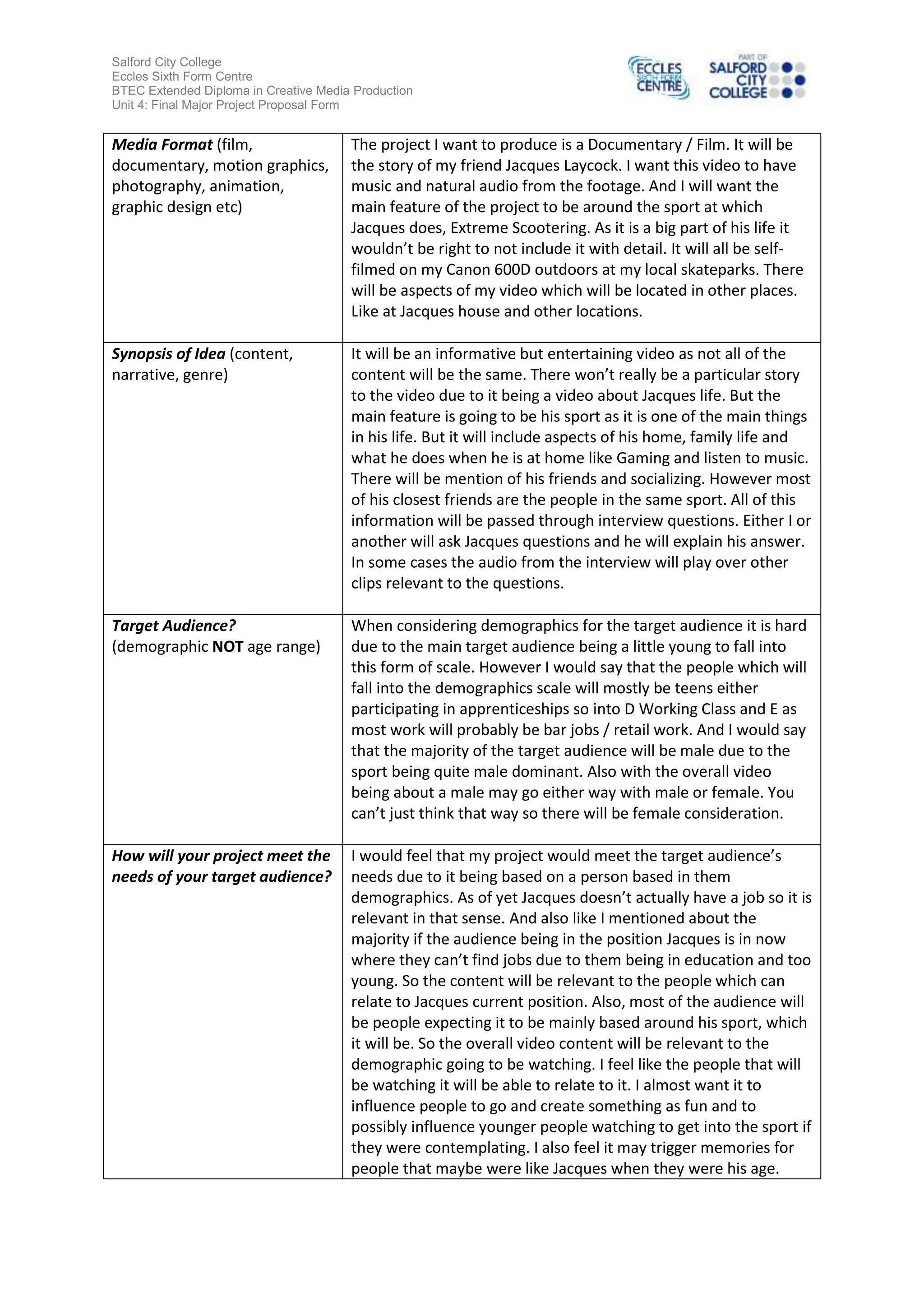 Final major project proposal form | PDF