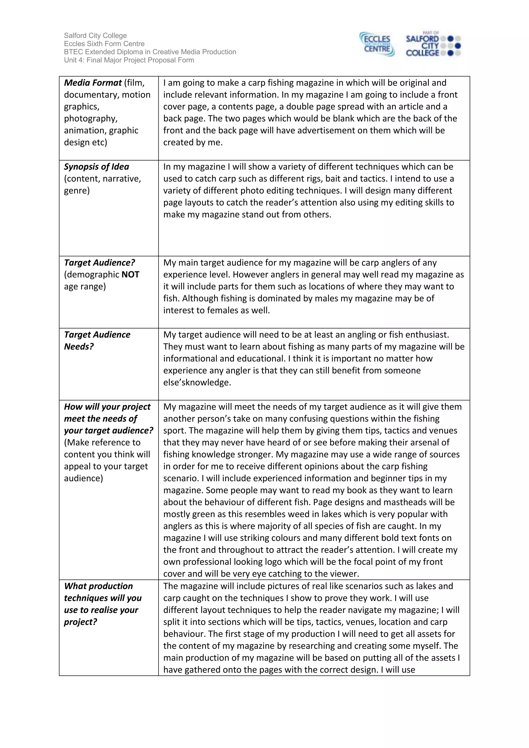 Final major project_proposal_form_updated | DOCX | Fishing Sports | Sports