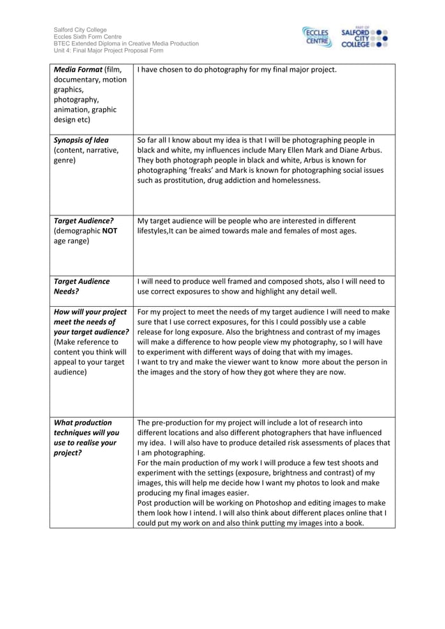 Final major project proposal form | PDF