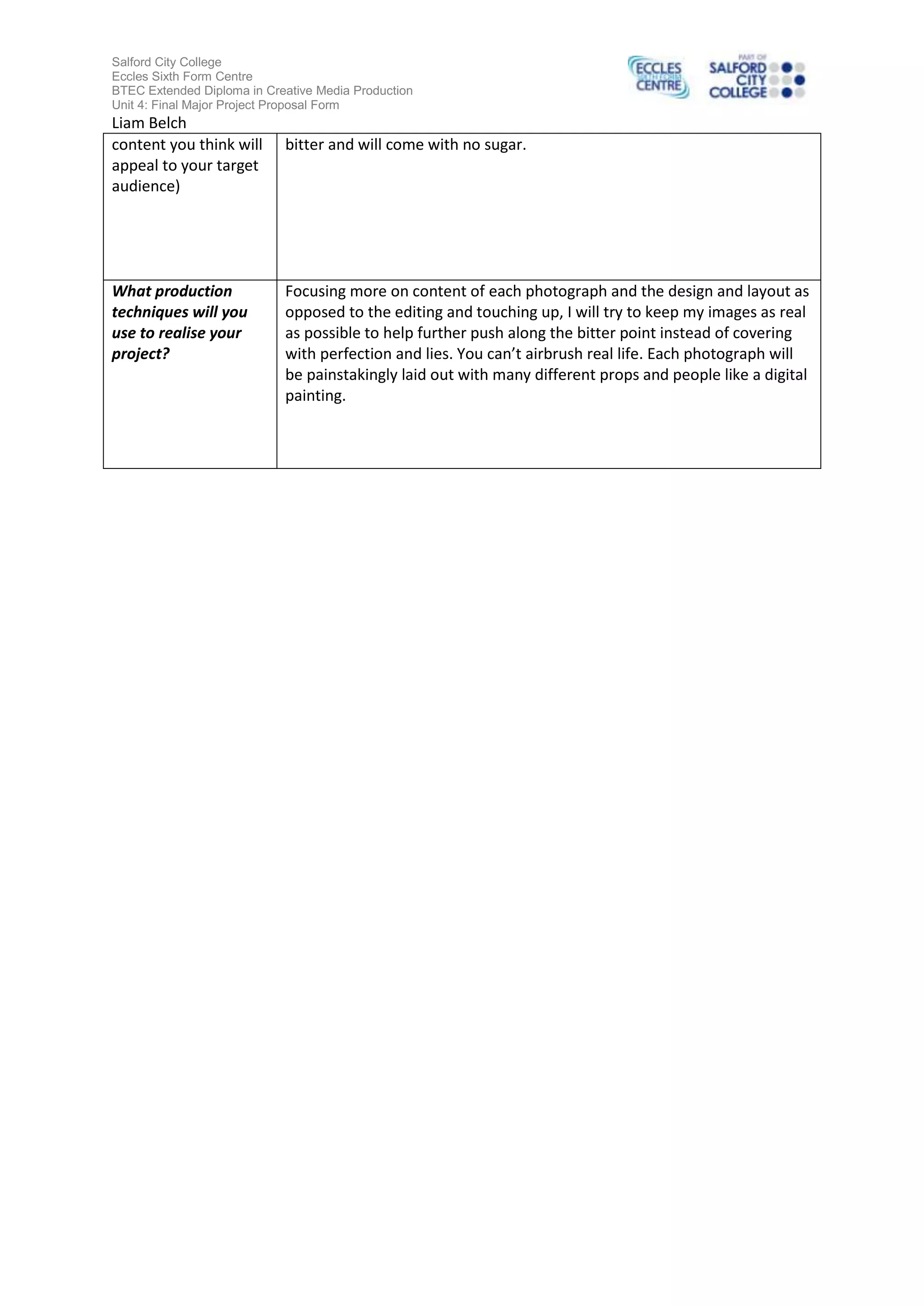 Final major project proposal | DOCX | Photography | Arts and Crafts