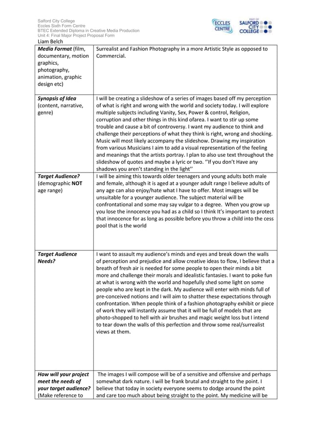 Final major project proposal | DOCX | Photography | Arts and Crafts