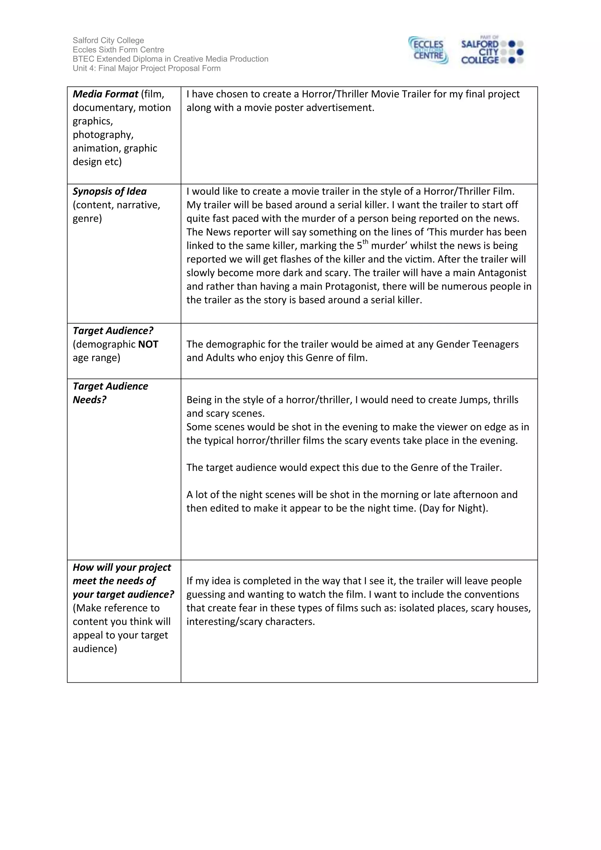 Final major project_proposal_form_updated movie trailer | DOCX | Video ...