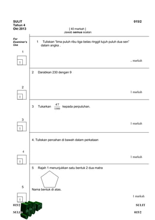 Peperiksaan akhir tahun matematik tahun 4 | DOC